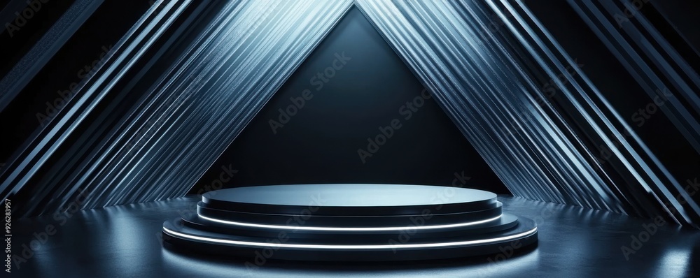A modern stage design featuring illuminated lines and a circular ...