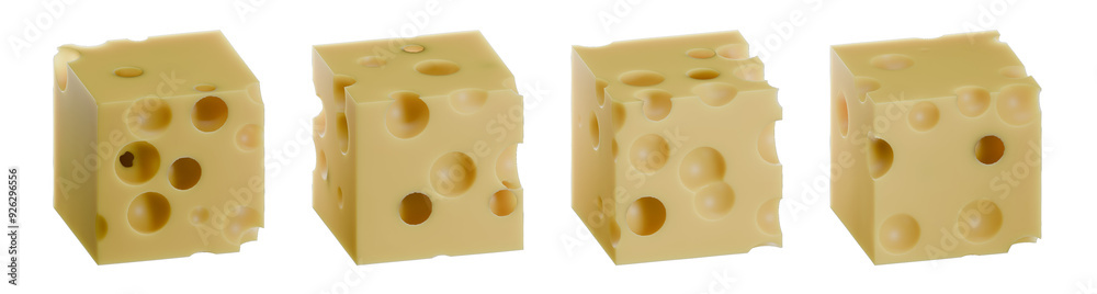 Set of four 3D rendered Swiss cheese cubes with distinct holes ...