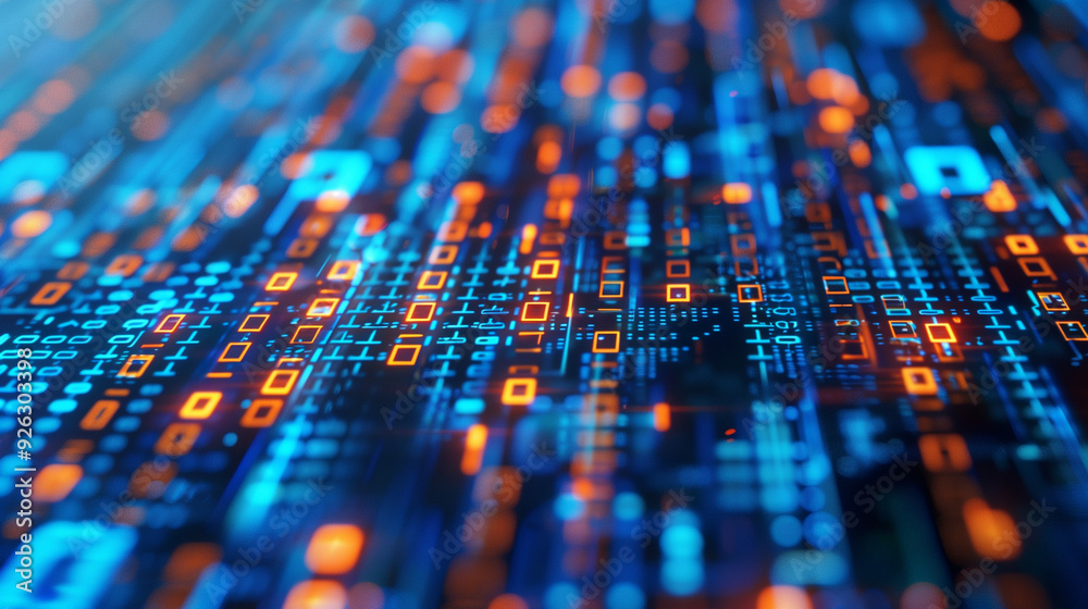 Abstract digital background featuring streaming binary code and AI algorithms, illustrating the ...