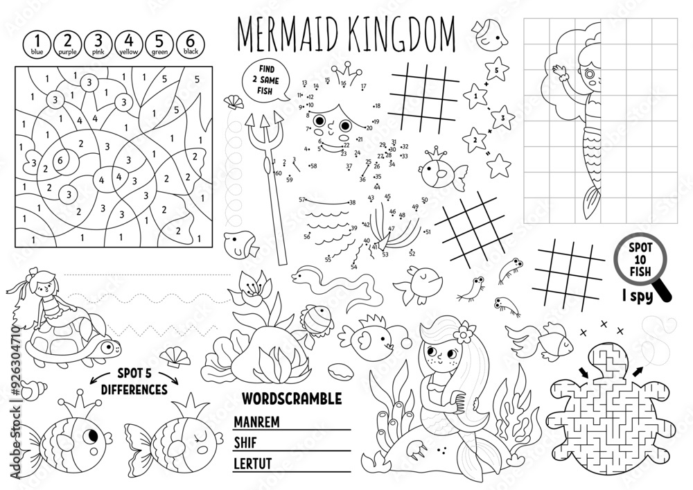 Vector mermaid placemat for kids. Ocean kingdom printable activity mat ...