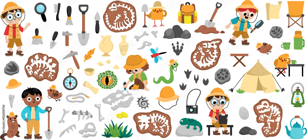 Vector paleontologist set. Cute prehistoric animal scientist icons ...
