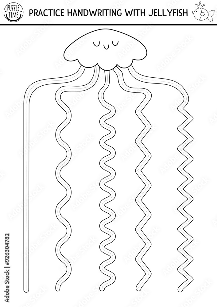 Vector handwriting practice worksheet with jellyfish and dashed line in ...