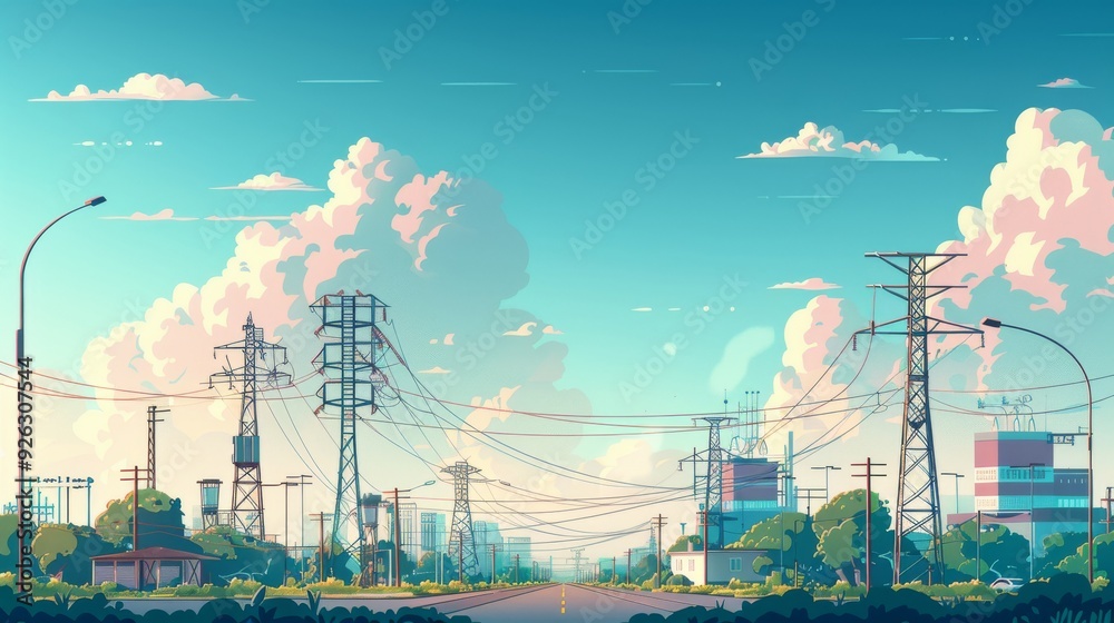 Cartoon vector electric grid with interconnected substations and power ...