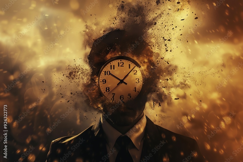 Surreal artwork of a man with an exploding clock as a head, symbolizing ...