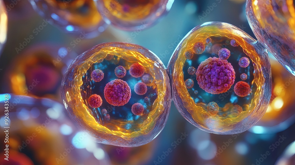 Microscopic view of healthy human cells under a biological microscope, showcasing intricate ...