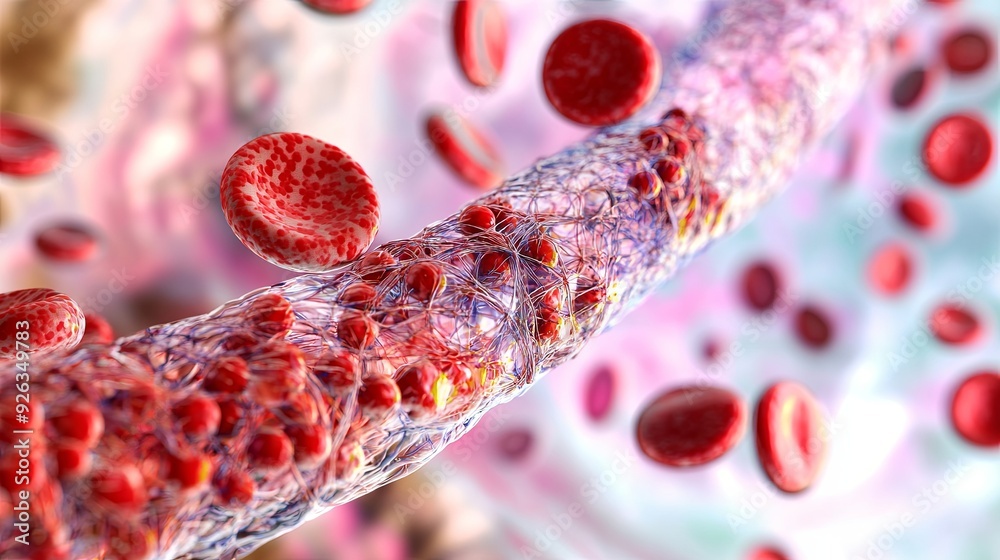 Microscopic image of blood clotting process, showing platelets and ...