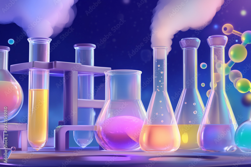 A digital illustration depicting scientific equipment, such as beakers ...