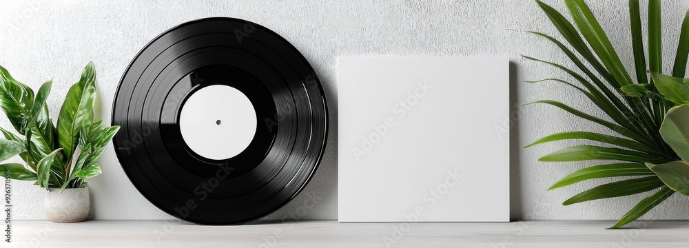 3d rendering of vinyl record next to blank white square card mockup on ...