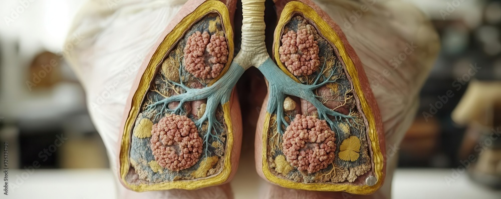 Cross-section of human lungs showing various stages of cancer ...
