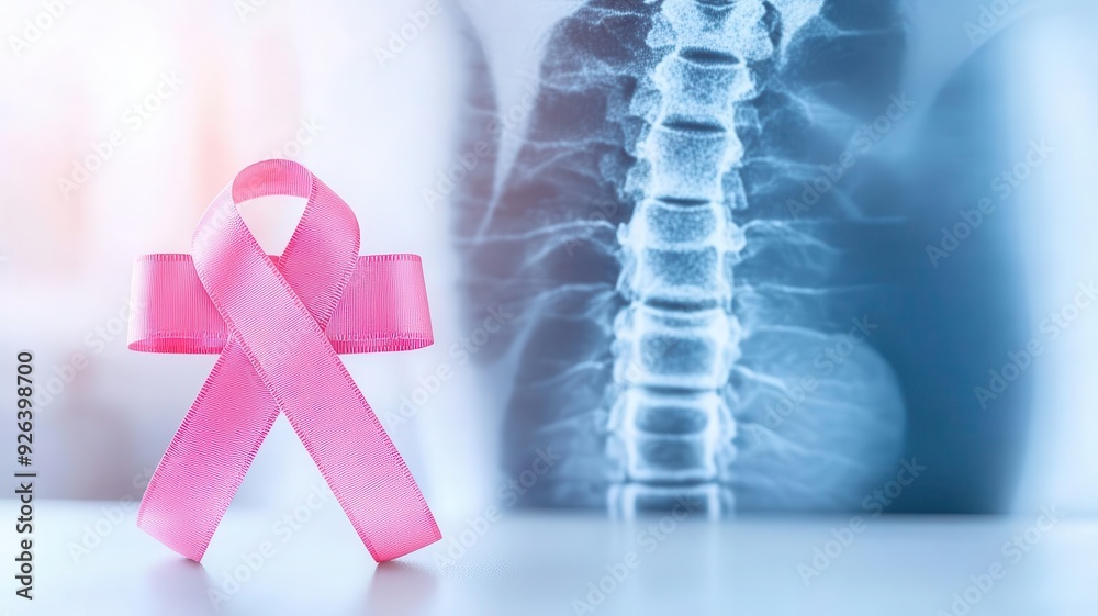 Mammogram image with a pink ribbon overlay, Breast cancer awareness ...