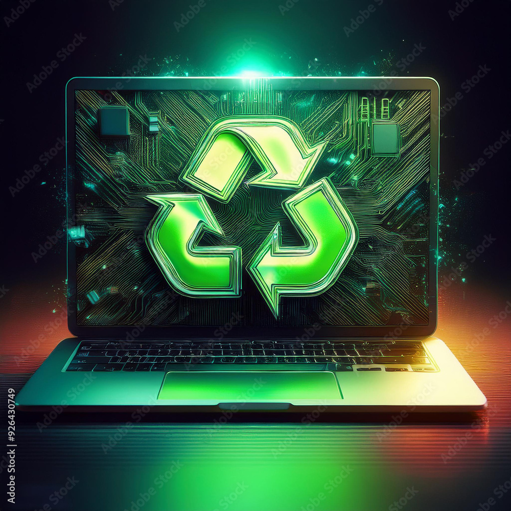 Desktop computer with a bright green recycle symbol, highlighting the ...