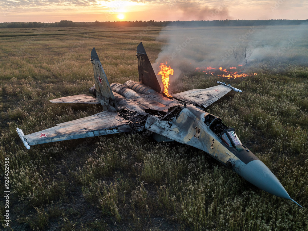 Burning Crashed Fighter Jet Wreckage in a Field, Wrecked Aircraft in ...