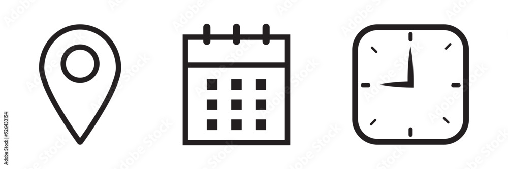 Address. time, and date icon vector. Event elements isolated on transparent background. Black ...