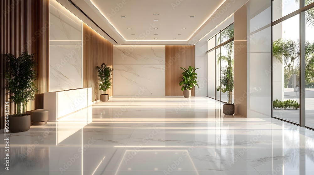 Modern bright lobby, minimalist interior design, sunlit corridor ...