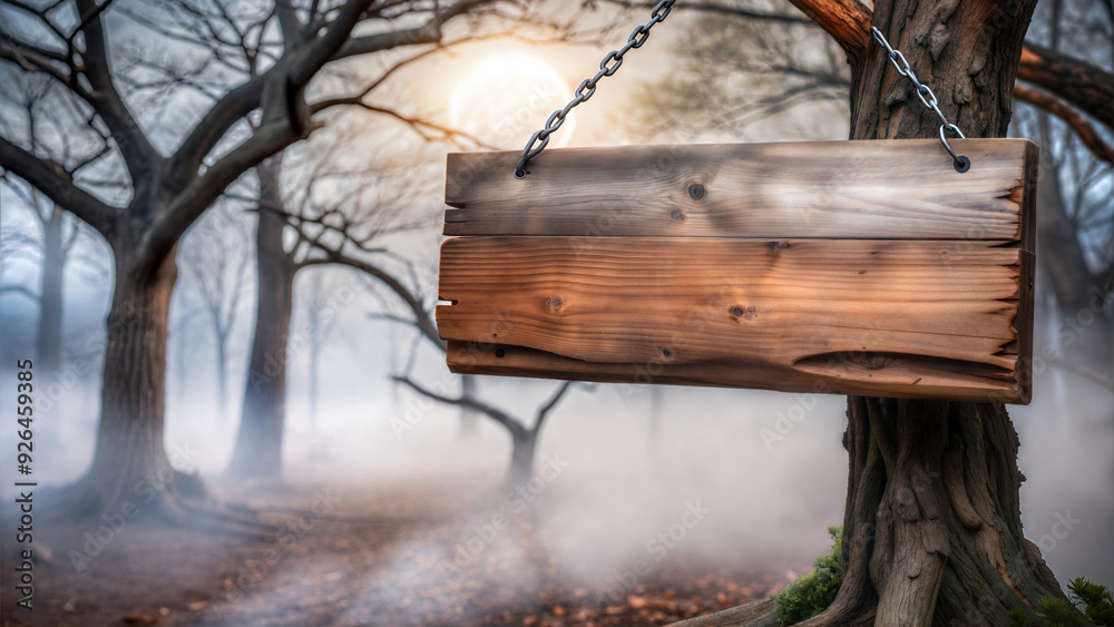 Wooden signboard on a foggy path in a mysterious forest with bare trees ...
