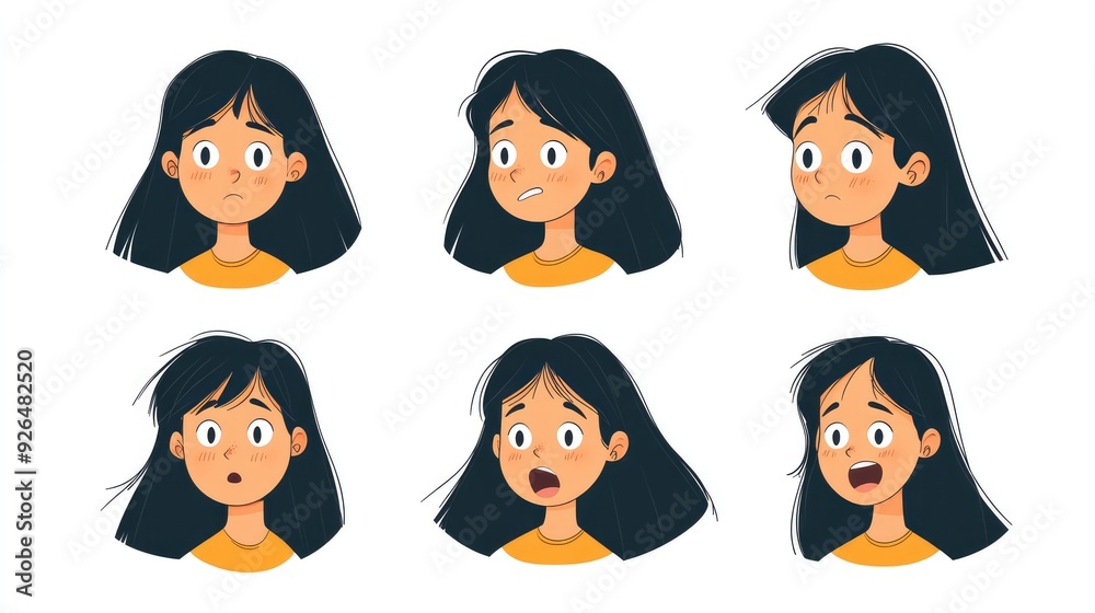 Flat vector female character sheet with happy, sad, and surprised ...