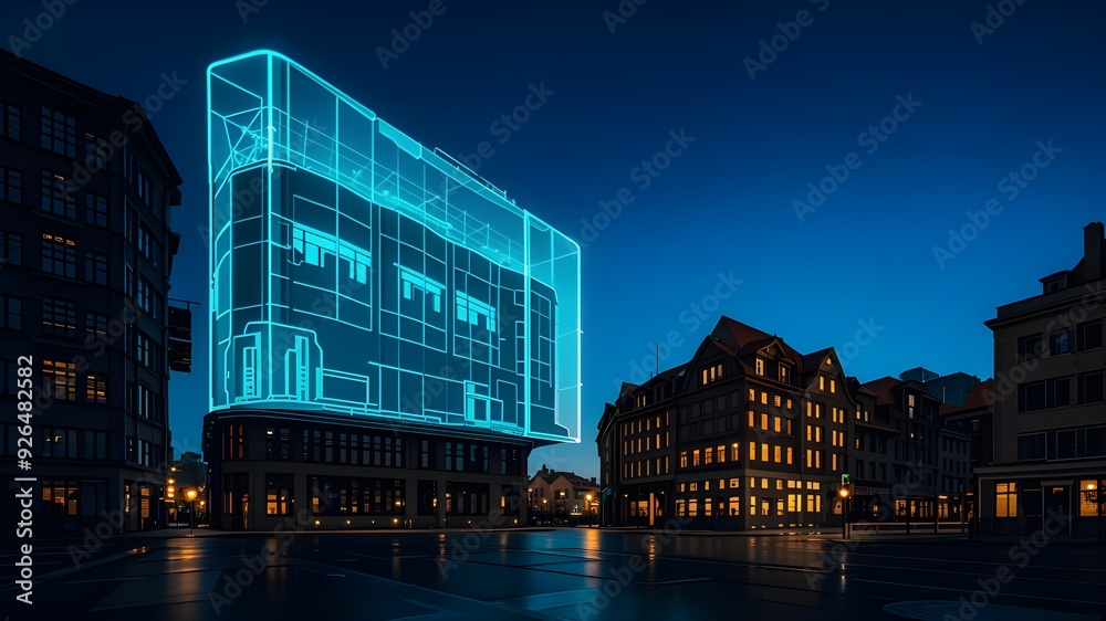Futuristic Architectural Design Projection Overlay on City Block Under ...