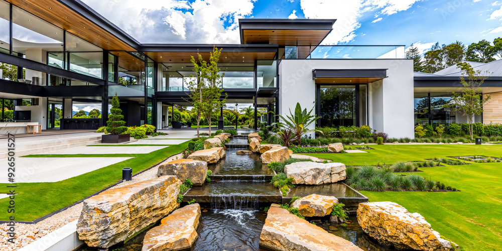 Modern luxury mansion home, cascading water stream feature with natural ...