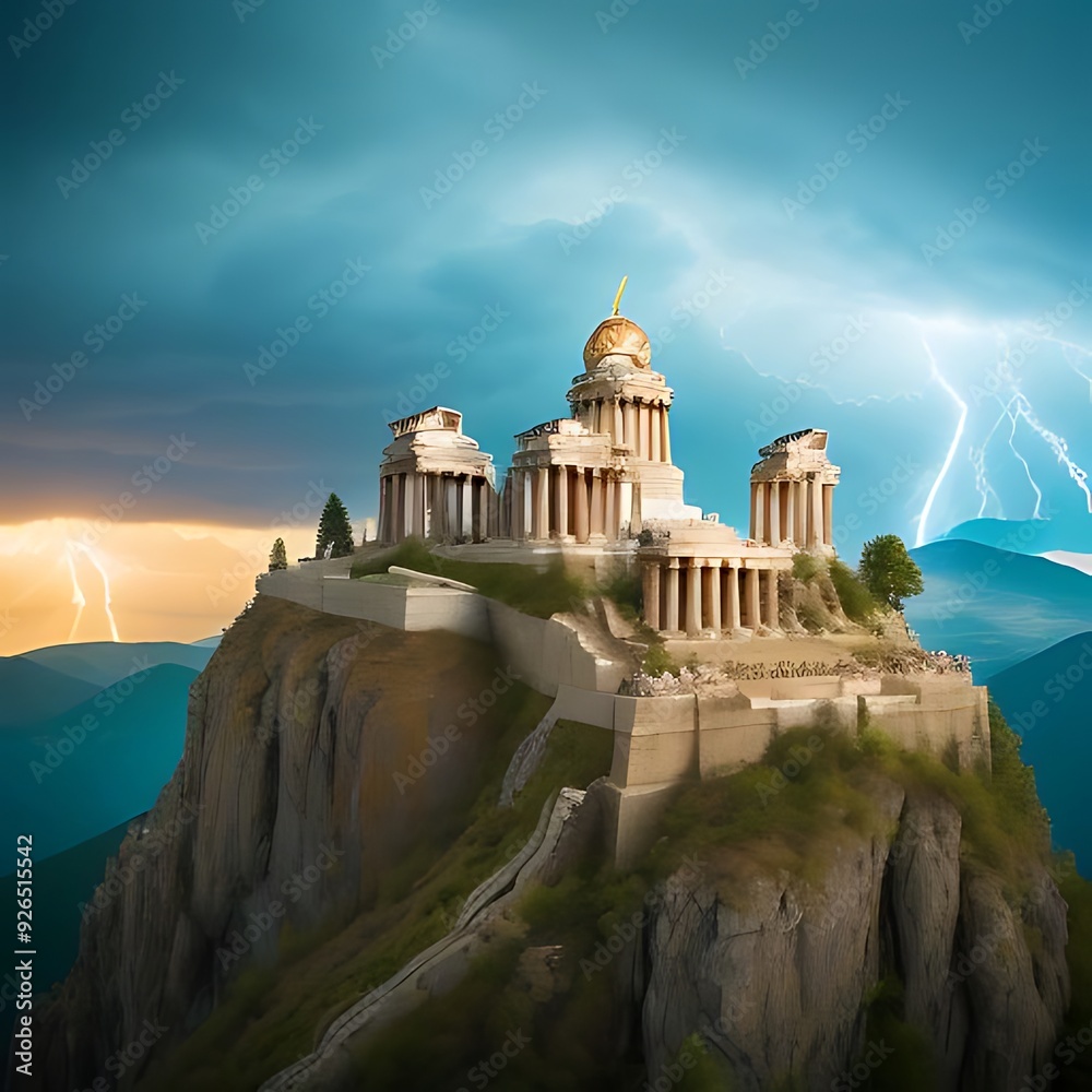 Grand scene with the gods of Olympus on a mountaintop, including Zeus ...
