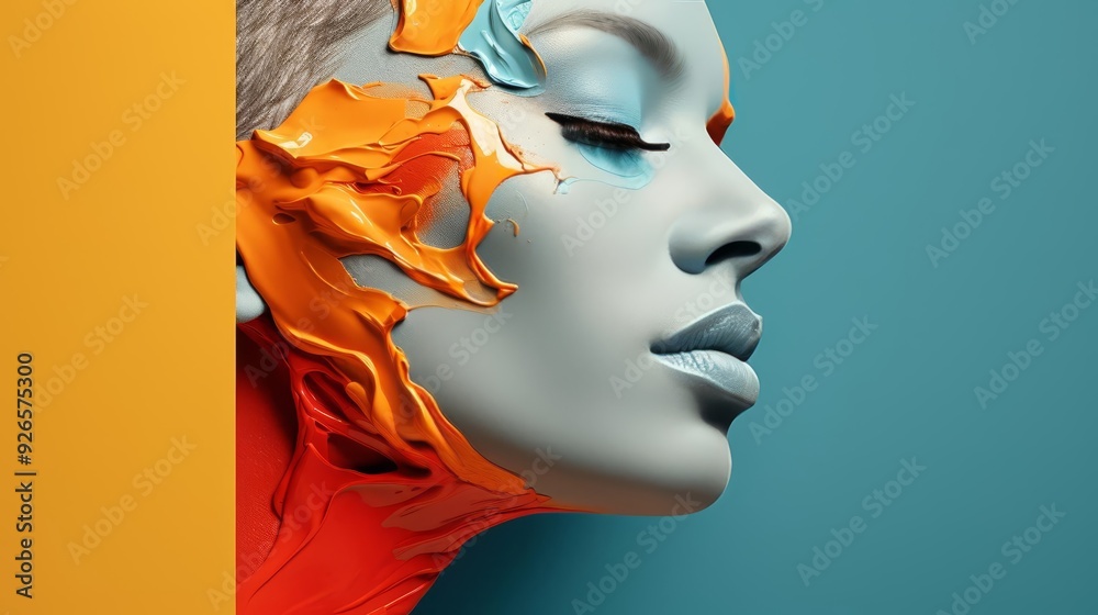 Composite portrait flat design side view blended faces 3D render Splitcomplementary color scheme ...