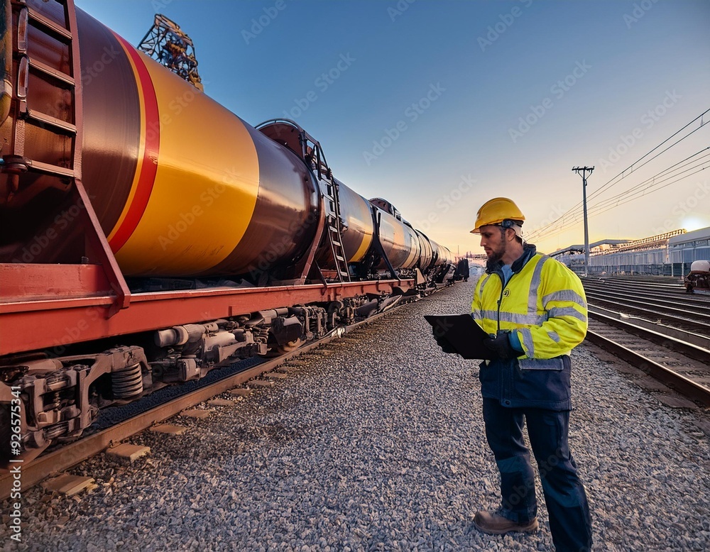 An engineer inspects an oil train and railroad station while wearing a ...