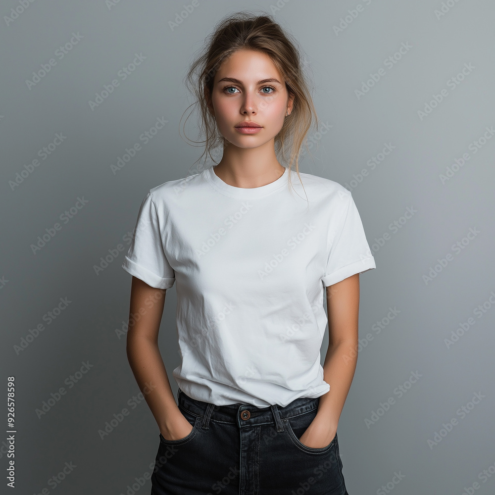 Casual woman in a plain white t-shirt standing against a gray ...