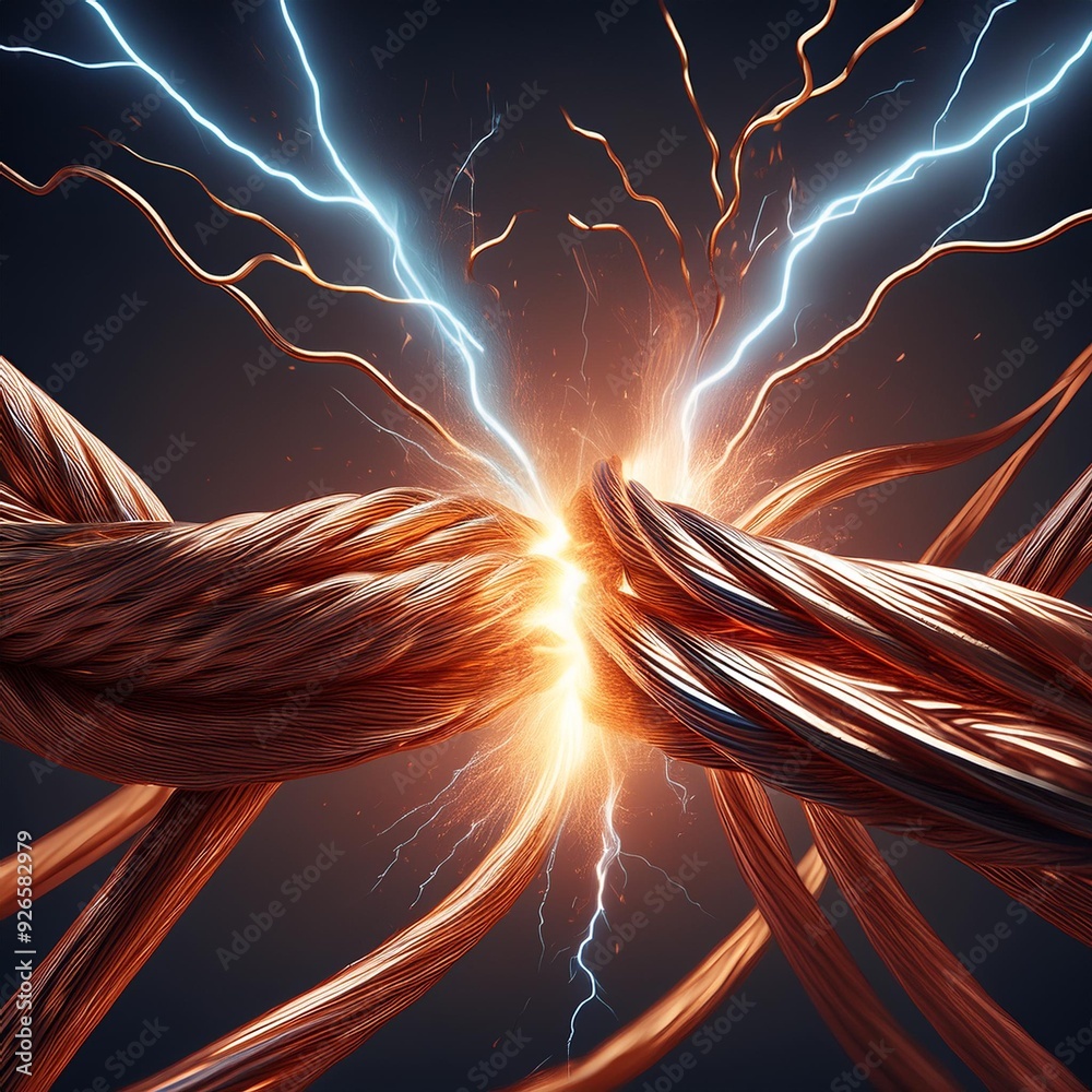 Electric current flows between two copper cables causing a discharge ...