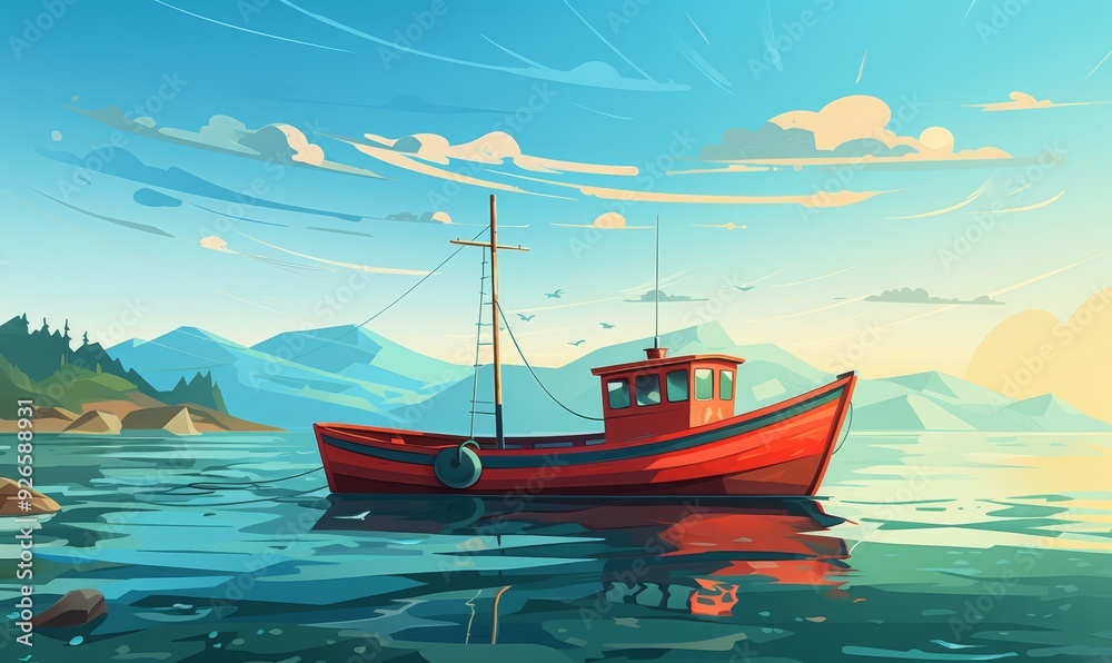 Fishing boat on lake, flat design, front view, serene theme, animation ...