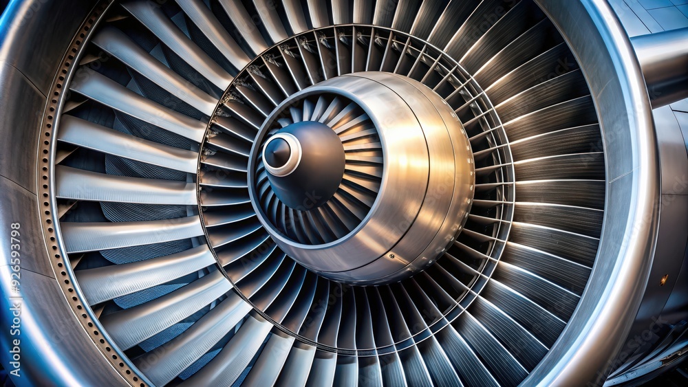 Close-up view of a detailed of jet engine blades , aviation, aircraft ...