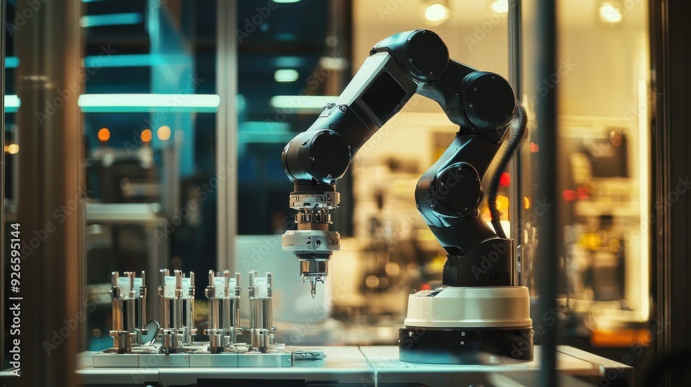 A robotic arm working alongside humans in an industrial setting, with ...