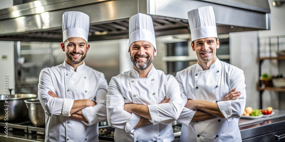 Three chefs posing happily in a kitchen with arms crossed, chefs ...
