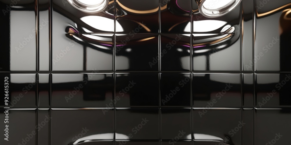 Glossy black square tiles reflect their surroundings, creating an ...