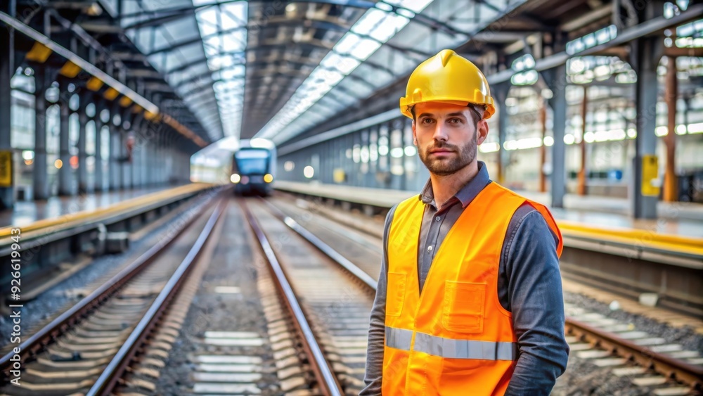 Railway Engineer in Orange Safety Vest and Hard Hat Standing on Train ...