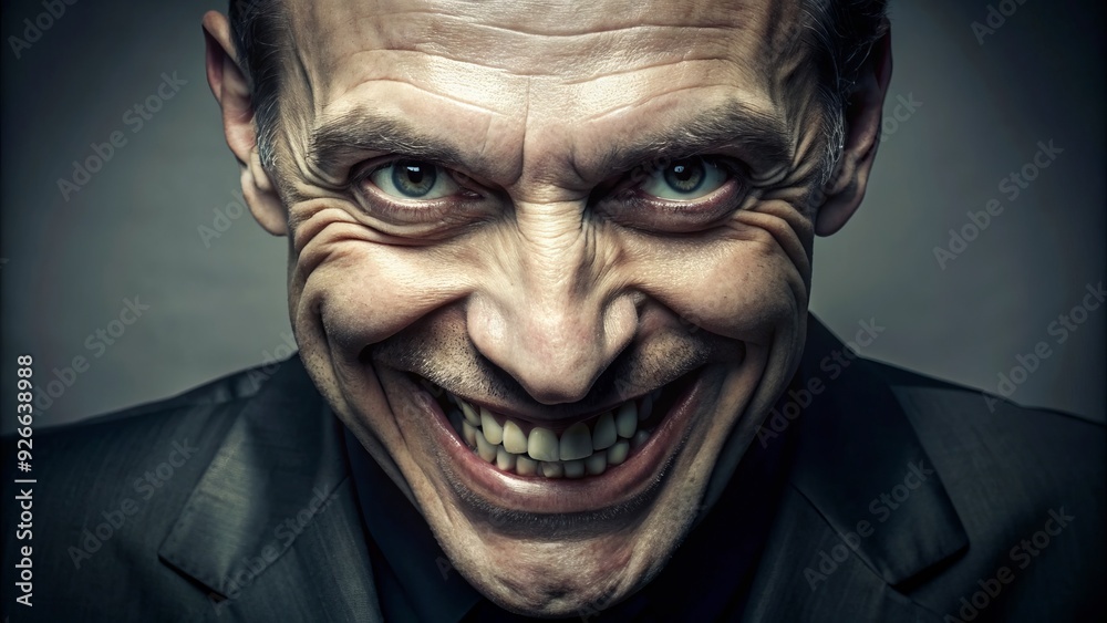 A sinister mature male with a wicked grin and gleaming eyes throws his ...