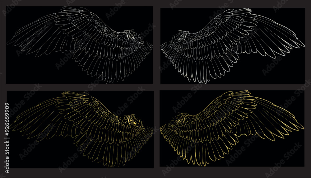 Set Png Linear outline drawing angel wings gold silver 3D contour hand ...