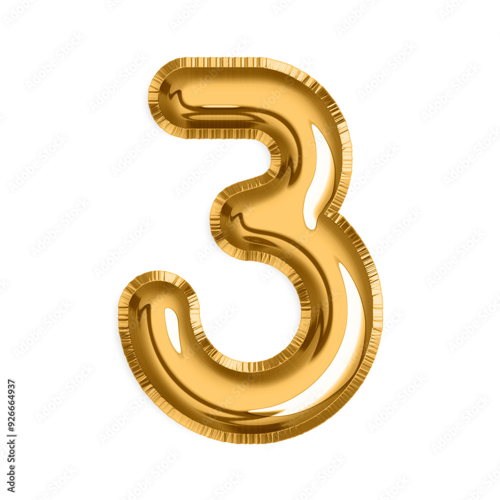 English Number 3 in gold foil balloon isolated on transparent ...