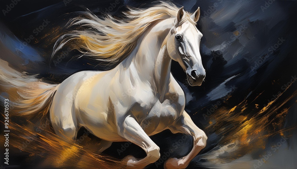 Graceful White Horse in Full Gallop on Mysterious Dark Background in ...