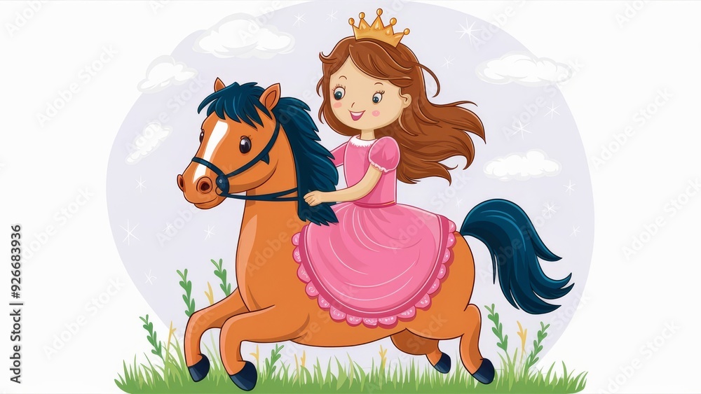 Princess Riding a Horse, illustrated in a cartoon style, perfect for a ...
