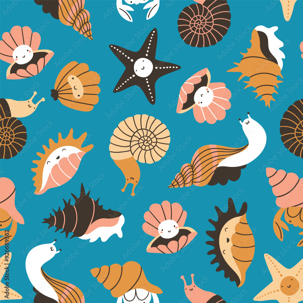 Sea shells, snails and starfish seamless pattern. Vector sea texture in ...