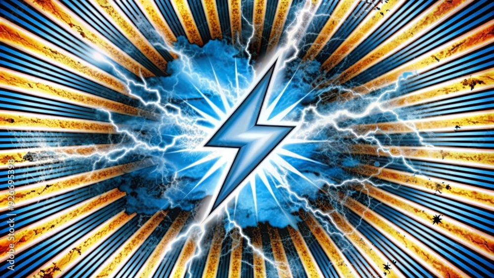 A vibrant blue lightning bolt bursts forth from a cloud, surrounded by ...