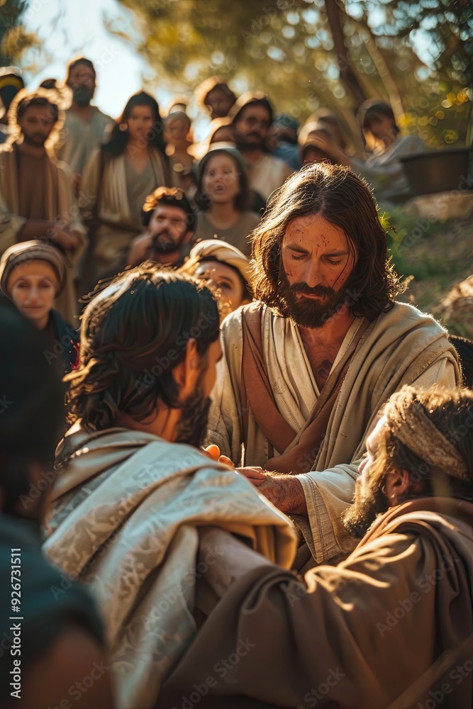 Jesus Christ gently laying hands on a sick person, expressions of hope ...