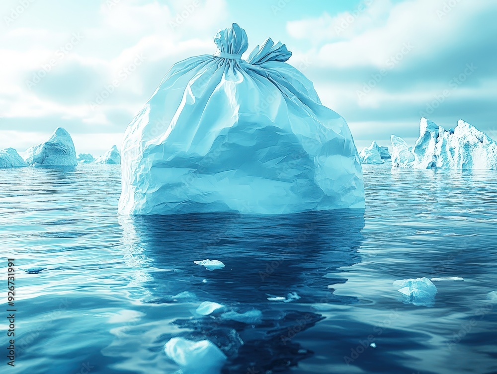 Plastic bag environment pollution with iceberg of trash, emphasizing ...