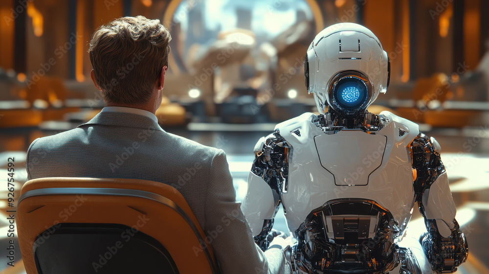 "Rearview of businessman in a suit sitting with a futuristic robot ...