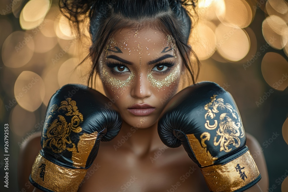 A naked woman in luxurious Asia designed gold boxing gloves symbolizes ...