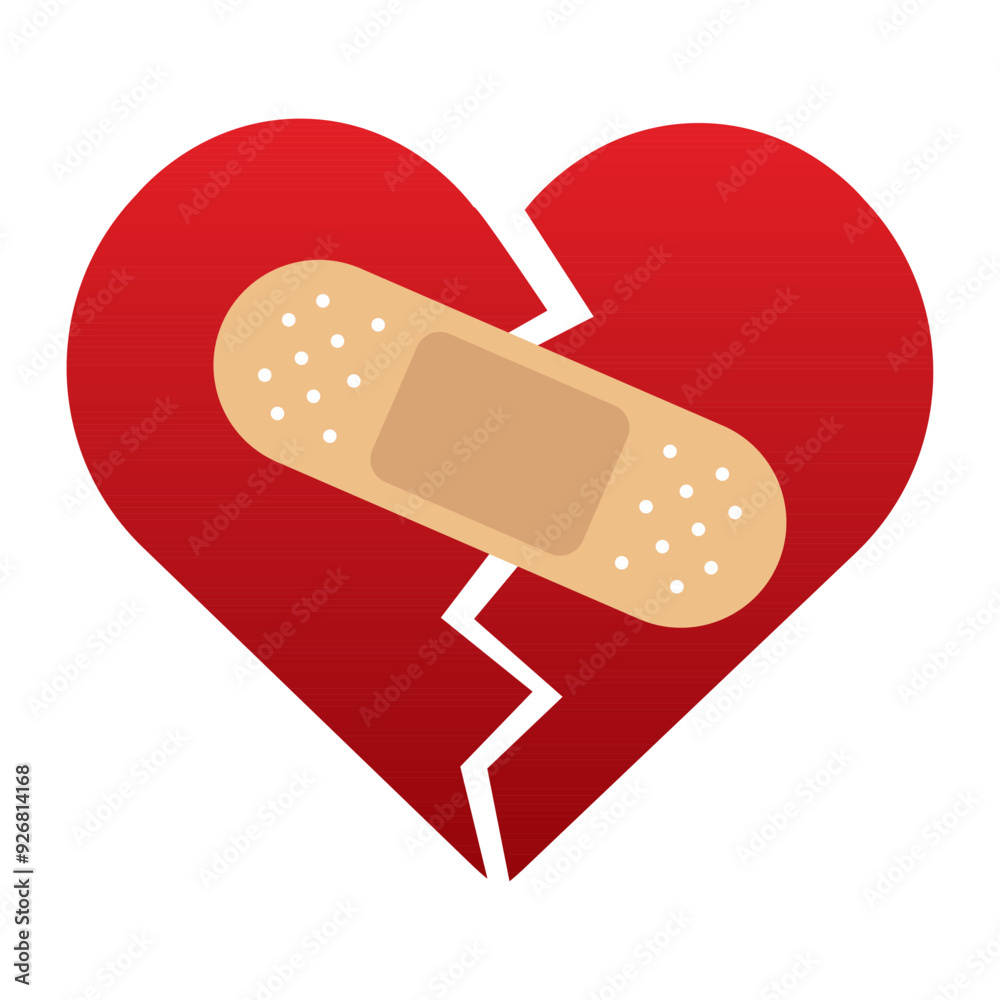 Red Heart broken to two pieces fixed with a plaster patch, vector ...