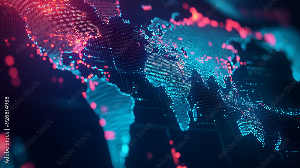 Red and blue world map with digital nodes, visualizing global market expansion and data ...