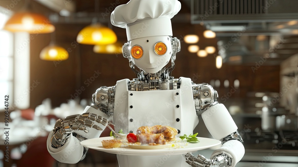 Autonomous robotic chef, preparing meals, in a commercial kitchen ...