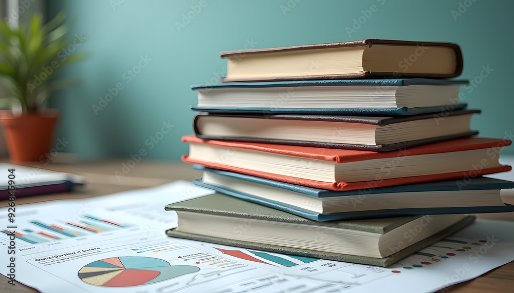 A stack of school workbooks accompanied by educational charts and ...