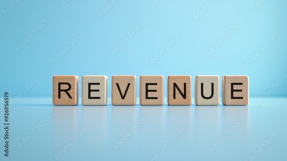 Revenue word wooden block stand on light blue background for earning ...