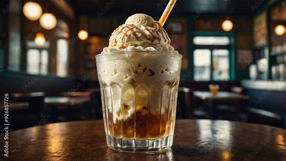 Ice cream float with halal soda, served in a classic glass in a retro ...
